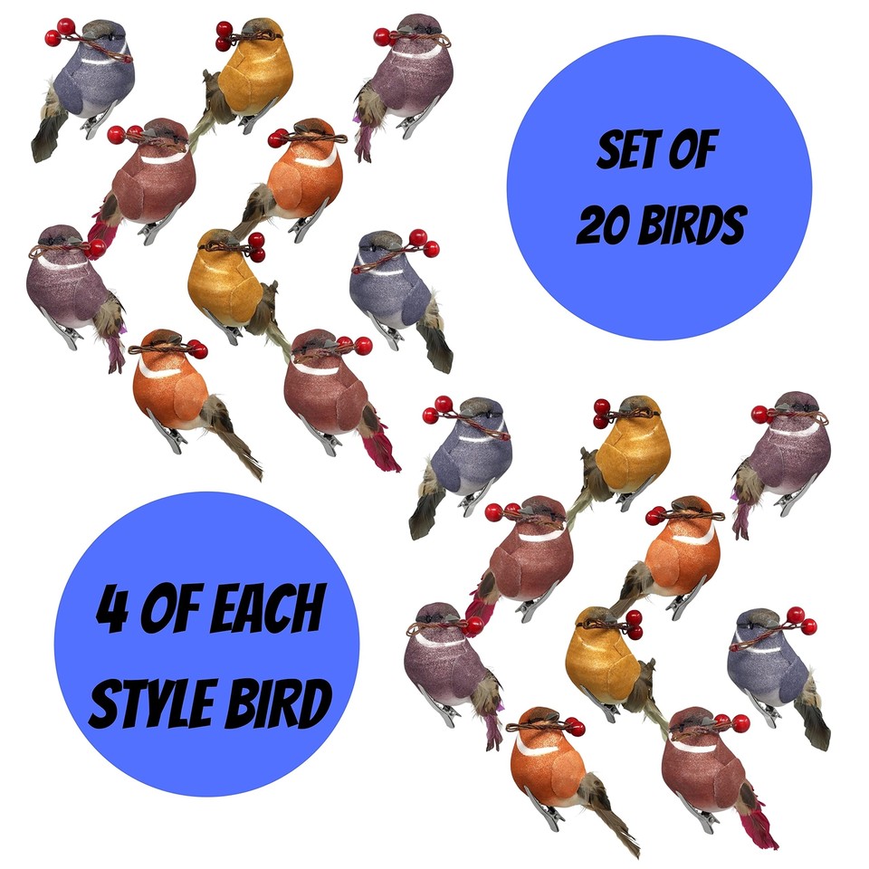 Songbird Clip On Ornaments Set of 20 Birds - Artificial Bird Accents ...