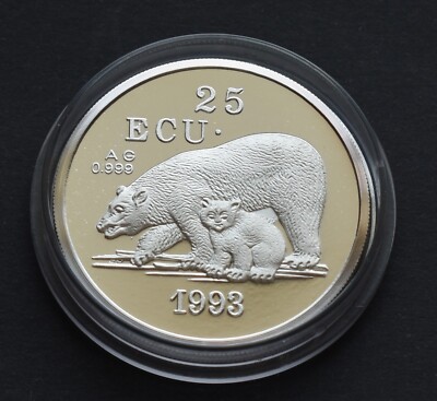 RARE Greenland 25 ECU EURO 1993 PROOF Bear FINE SILVER Coin Denmark ...