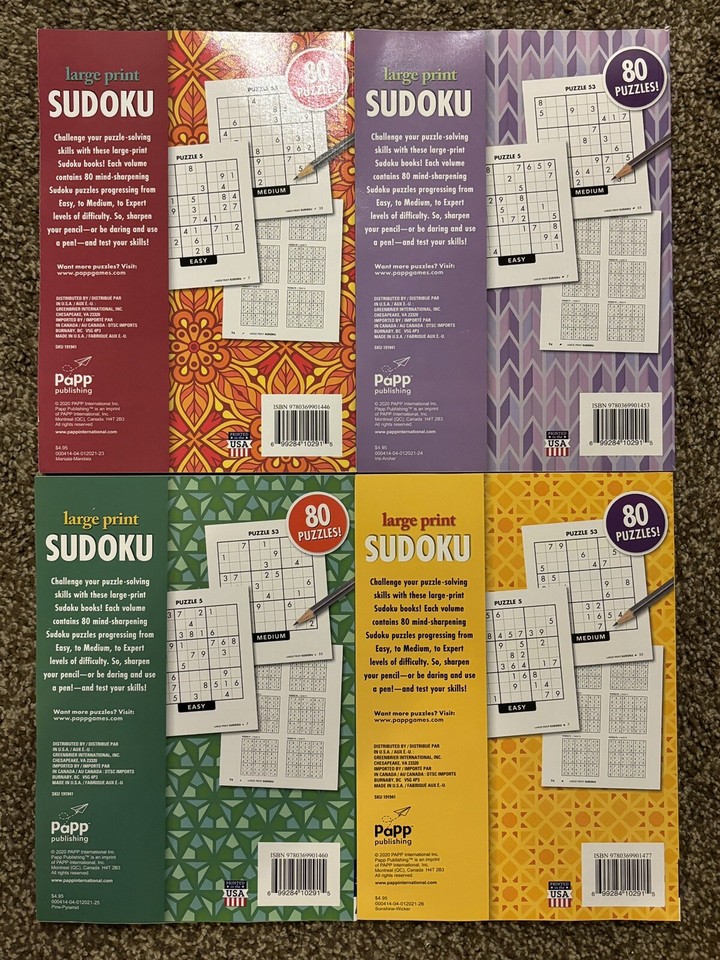 NEW Lot of 4 Large Print Sudoku Puzzle Books by Papp 80 Puzzles Each ...