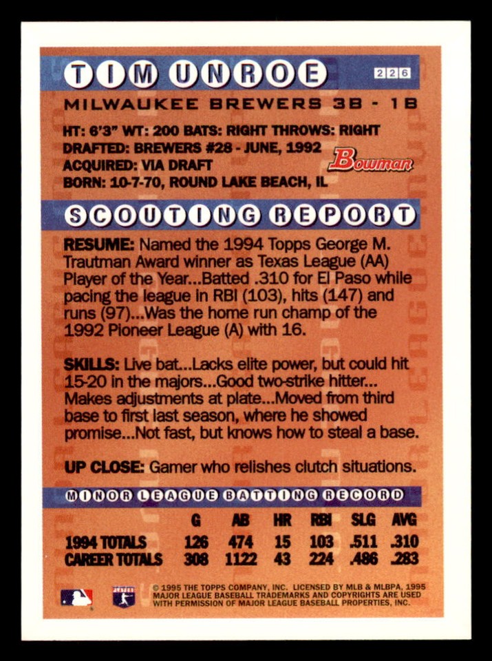 1995 Bowman #226 Tim Unroe Milwaukee Brewers | eBay