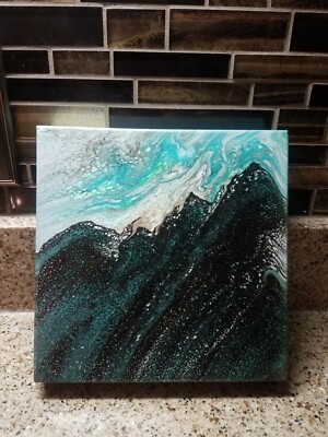 Original Acrylic Pour Painting Landscape Teal Black 8" X 8"X1.5" | eBay