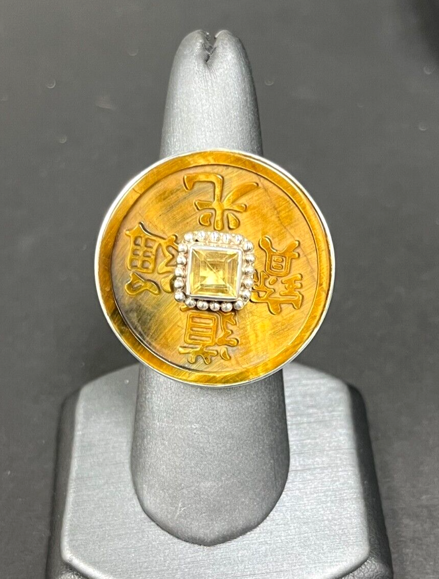 SAJEN 925 Sterling Silver Vintage Tiger Eye Citrine Chinese Coin Ring ...