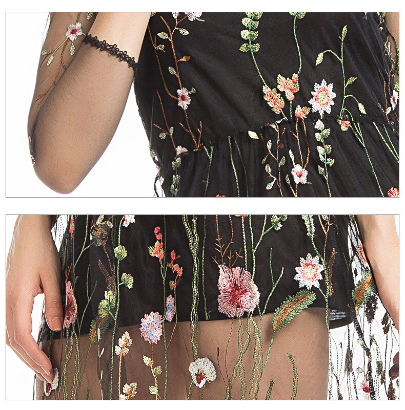 Women Embroidered Gauze Lace Floral Sheer Mesh Cocktail Evening Party ...