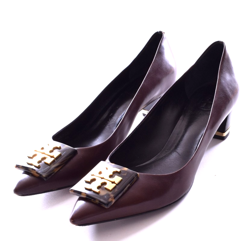 Tory Burch Pointed Toe Tortoise Shell Medallion Gold Logo Brown Pumps ...