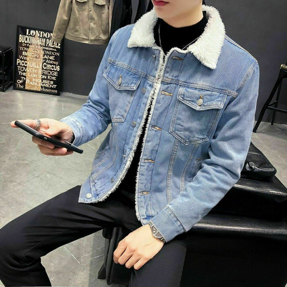 Mens Winter Thermal Sherpa Lined Blazer Denim Jacket Jeans Tops Coat ...