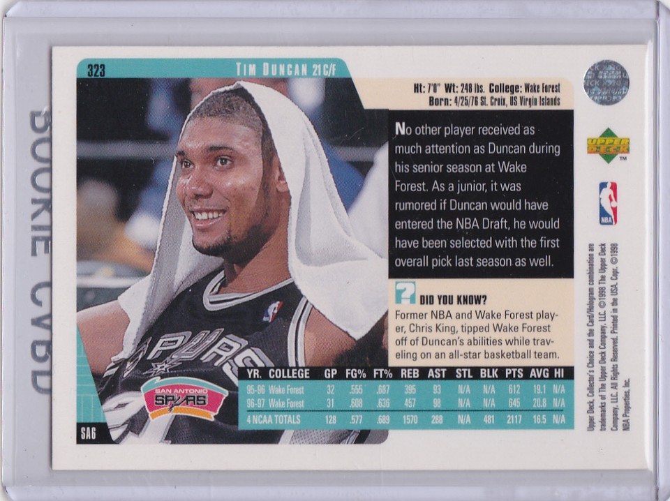 TIM DUNCAN ROOKIE CARD 1997/98 San Antonio Spurs BASKETBALL Upper Deck ...