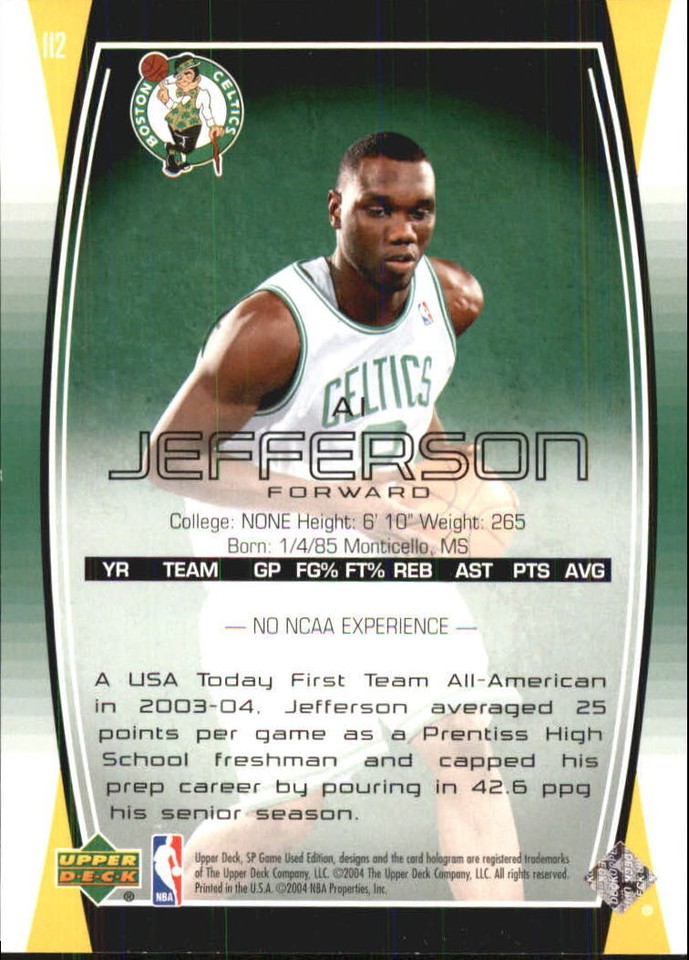 2004-05 SP Game Used Boston Celtics Basketball Card #112 Al Jefferson ...