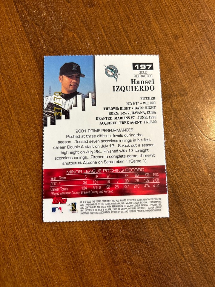 Hansel Izquierdo 2002 Topps Pristine Gold Refractor Rookie #197 Marlins ...