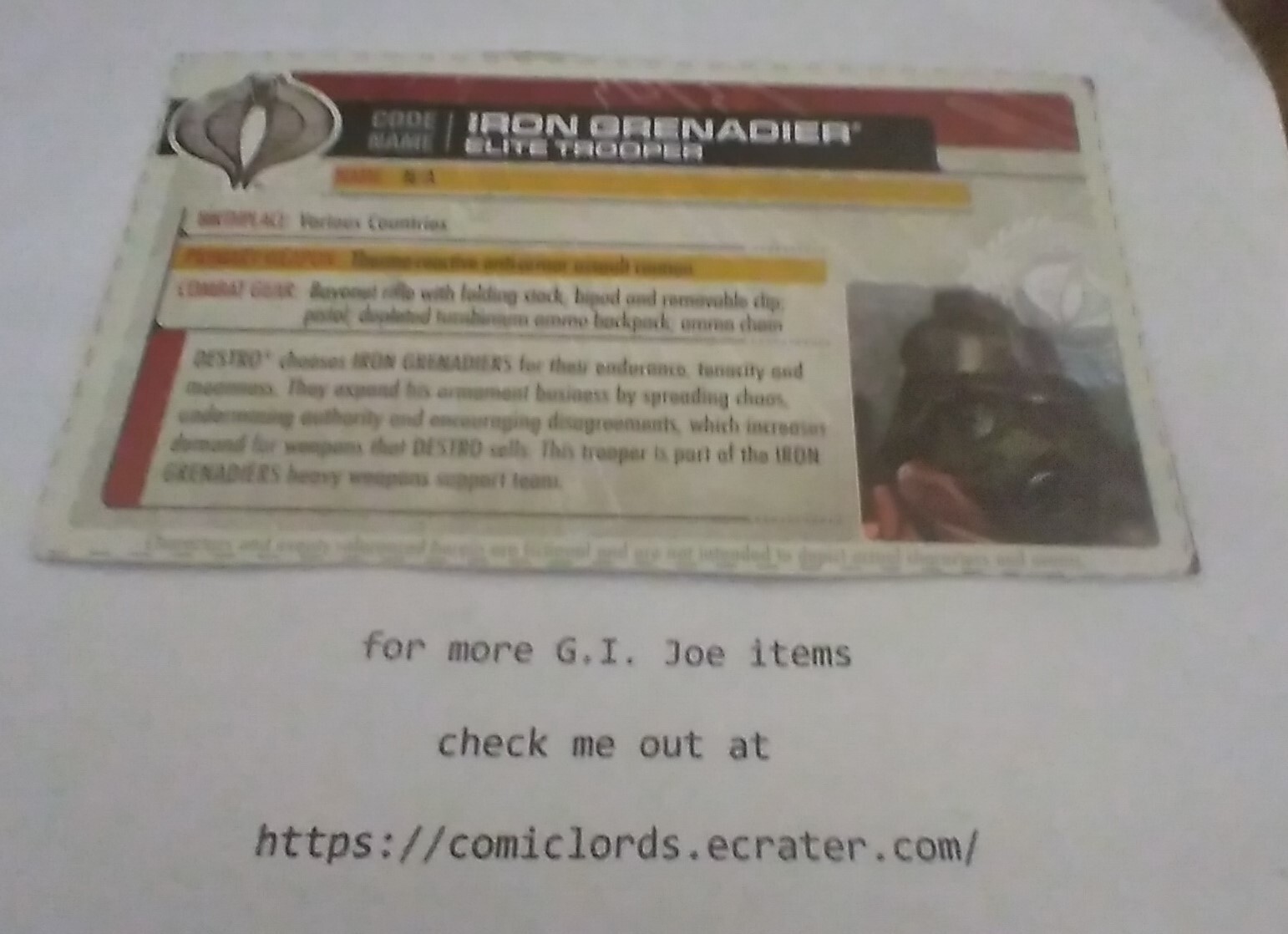 Iron Grenadier V8 FIleCard 30th Anniversary G.I. Joe GI JOE File Card ...
