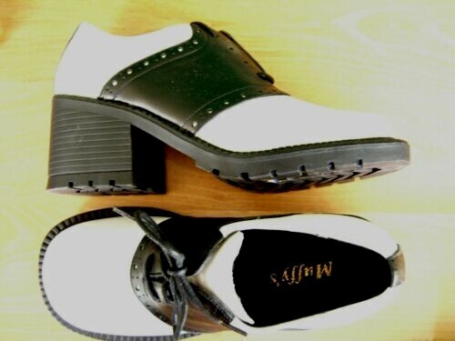 Muffy's High heeled BLACK and White Saddle Shoes leather 70's style wms ...