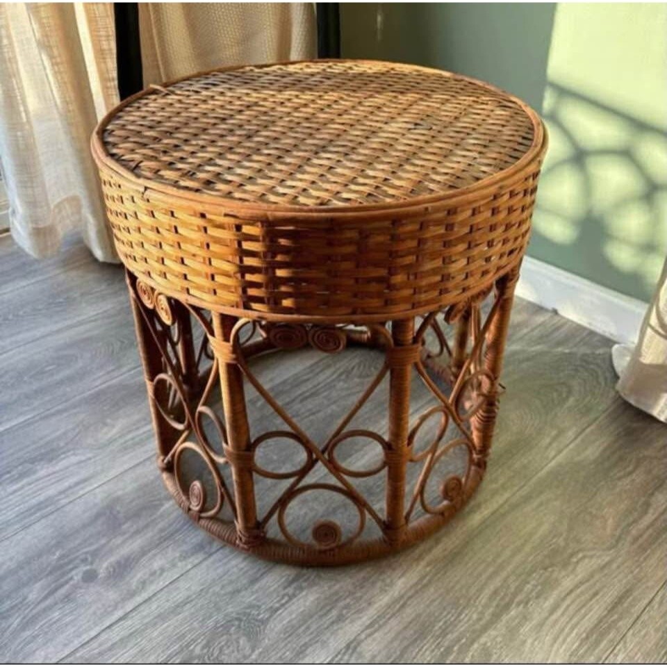 Vintage Wicker Rattan Side Table Boho Round End Table *READ* | eBay