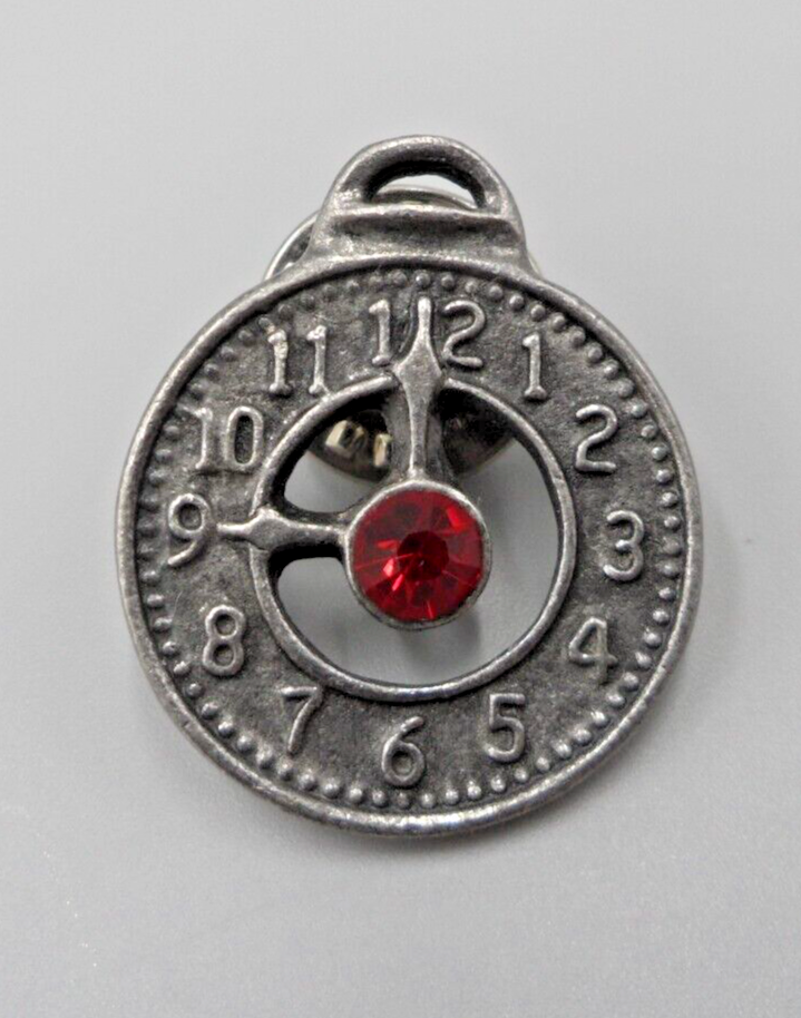 Old Fashioned Alarm Clock Tie Tack Lapel Pin Pewter Red Rhinestone ...