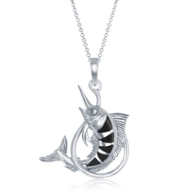 Sterling Silver Jumping Blue Marlin Fish Pendant Chain Necklace - Onyx ...