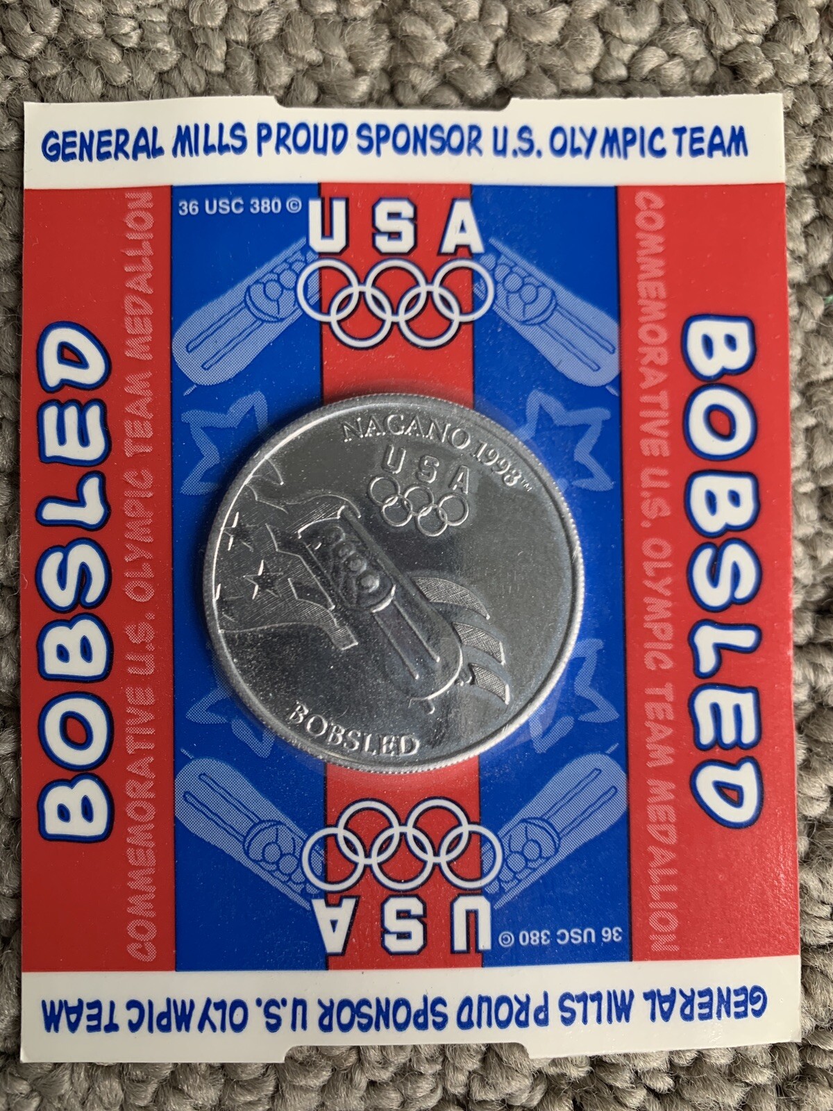 General Mills 1998 US Olympic Team Bobsled Coin on Card 36 USC 380 New ...