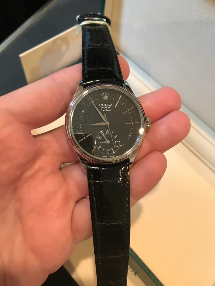 ROLEX 2020 50529 Cellini Dual Time Black Dial Leather Band 18K White ...