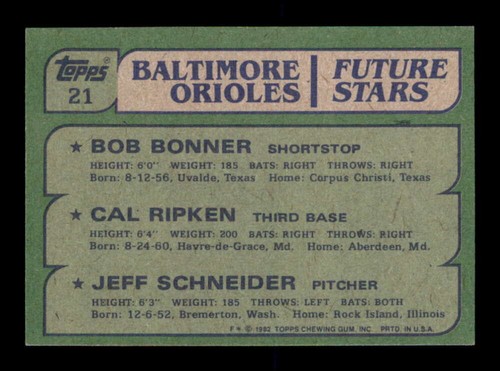 1982 Topps #21 Bob Bonner/Cal Ripken Jr./Jeff Schneider RC NM X3031678 ...