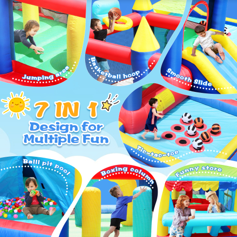 7-in-1 Kids Inflatable Bounce House w/ Ball Pit, Slide & Games ...