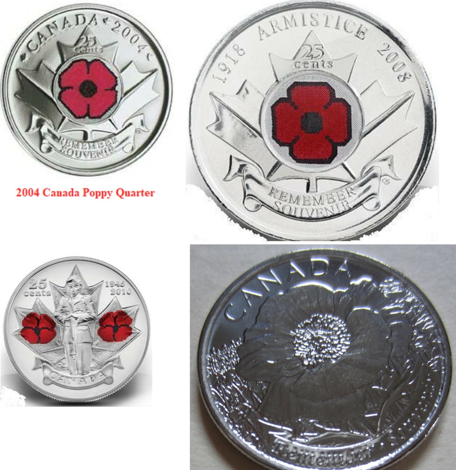 Complete Set (2004-2015 of Four Canada Poppy Quarters MINT UNC 25 Cents ...