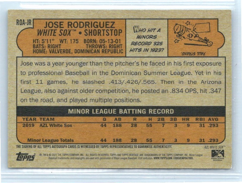 2021 Topps Heritage Minor League #ROA-JR Jose Rodriguez Real One ...