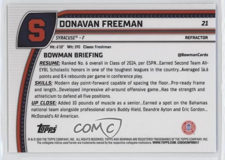 2024-25 Bowman U Chrome Refractor Donavan Freeman #21 | eBay