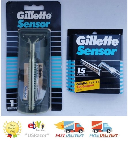 16 Original Gillette Sensor Razor Blades Refill Cartridges Metal Handle ...