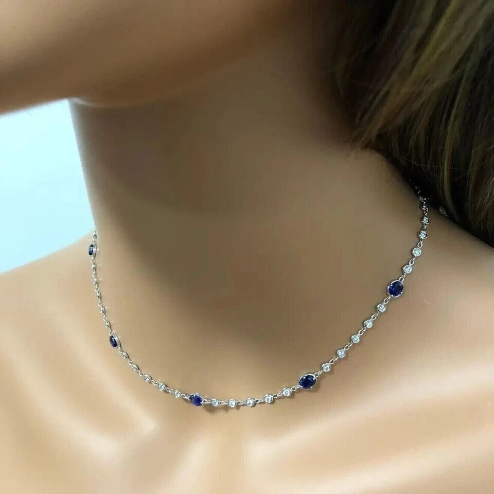 5CT Round Cut Lab Created Sapphire Women's Chain Necklace 14K White ...