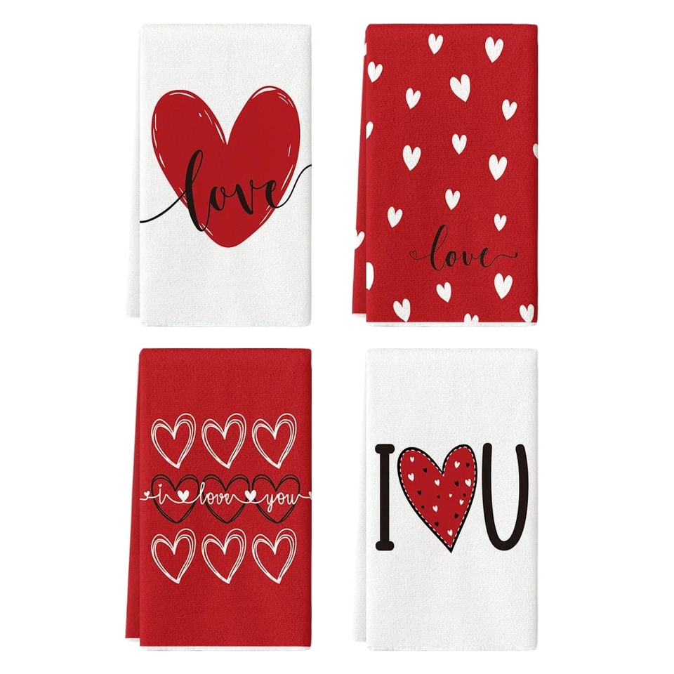 Red Heart Love You Valentine Kitchen Dish Towels Set of 4, 18 X 26 Inch ...