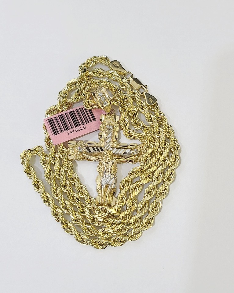 14k Yellow Gold Rope Chain & Jesus Nugget Cross Charm SET 4mm 22 Inches ...