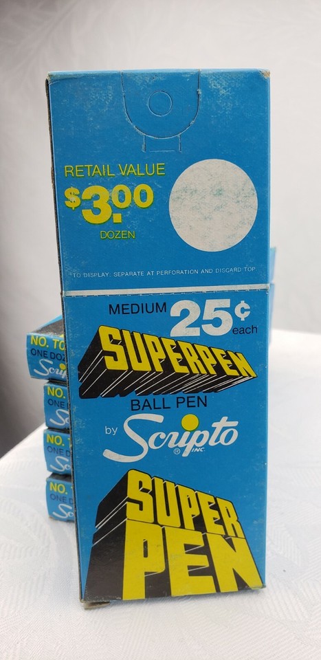 VINTAGE SCRIPTO PENS SUPER PEN BALL POINT PENS BOX OF 12 DISPLAY BOX NO ...