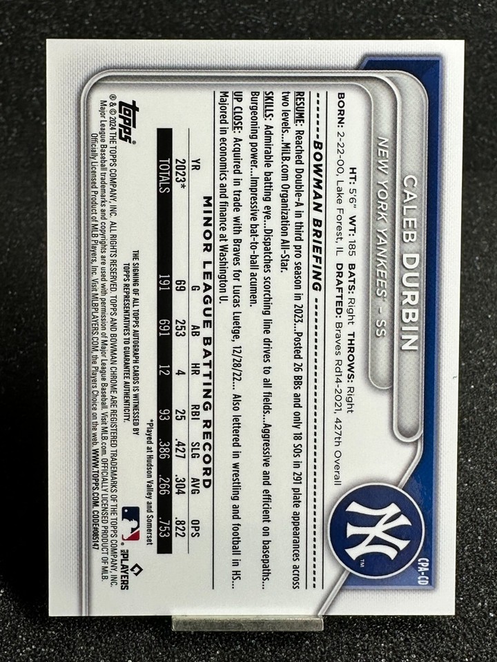 2024 Bowman Chrome 1st Prospect Auto CALEB DURBIN Reptilian Blue /150 ...