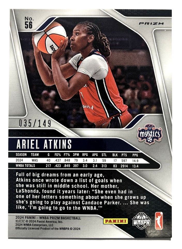 2024 WNBA Prizm ARIEL ATKINS Purple Prizm Parallel #35/149 Mystics All ...