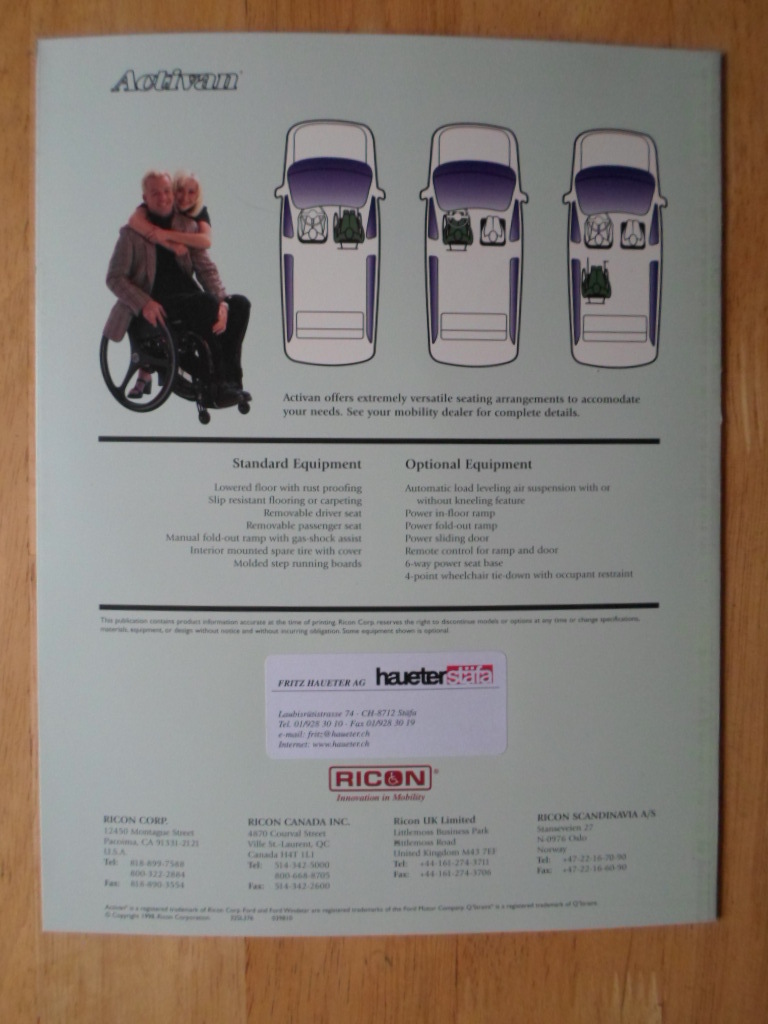 RICON ACTIVAN FORD WINDSTAR Conversion orig 1998 Brochure Catalog ...