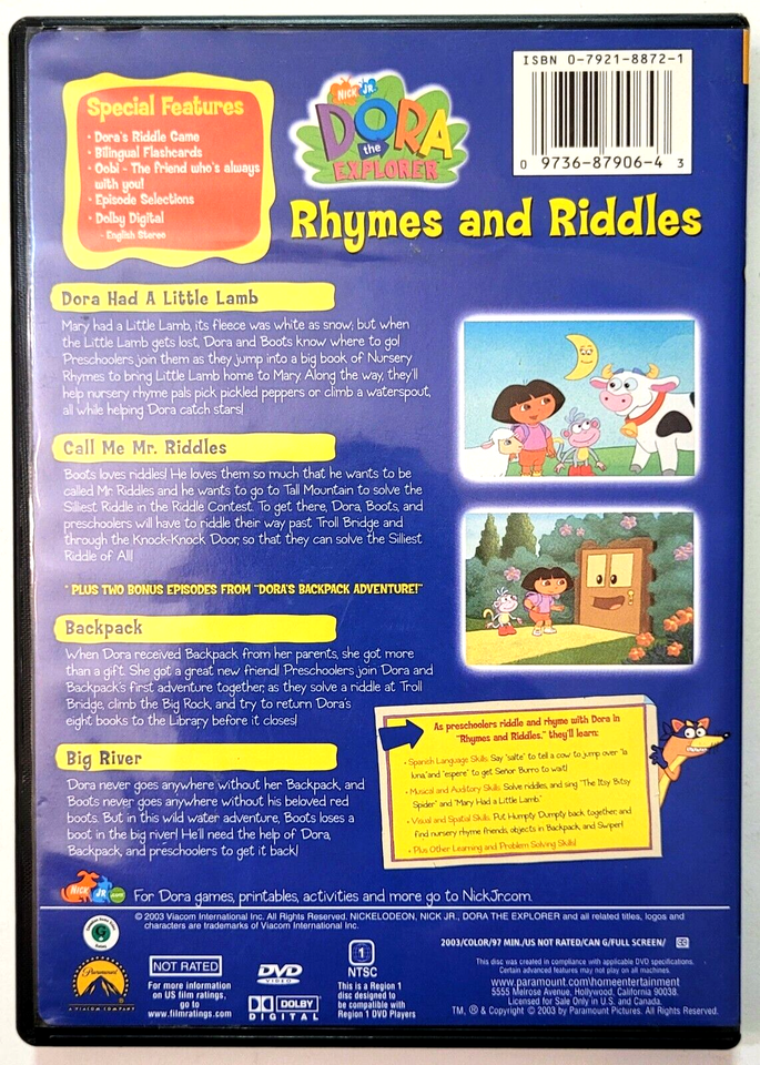 DORA THE EXPLORER: RHYMES AND RIDDLES (DVD, 2003) 4-Episode Nickelodeon ...