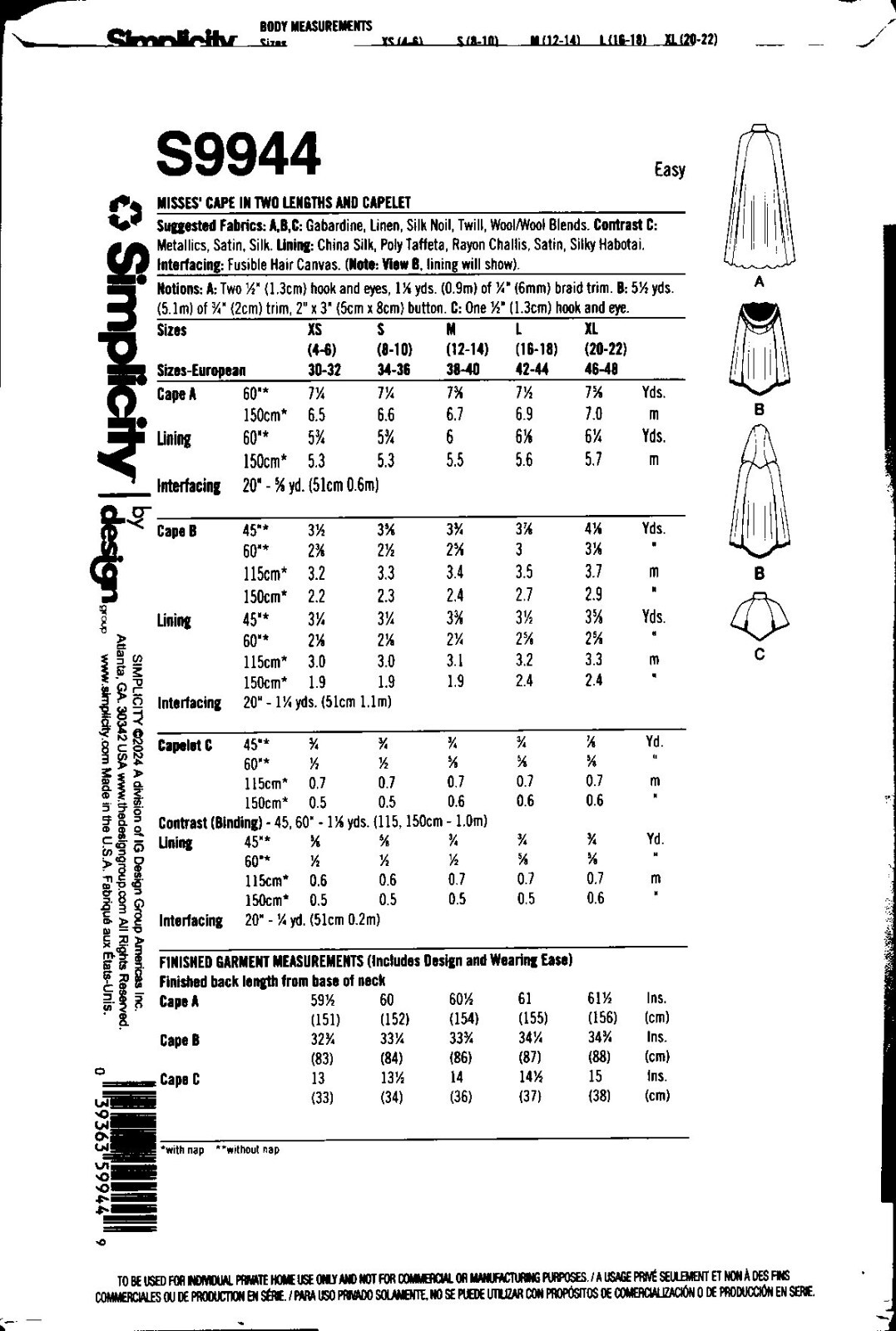 SIMPLICITY PATTERN 9944 CAPES CAPELET MISSES SIZES XSM SM MED LG XLG ...