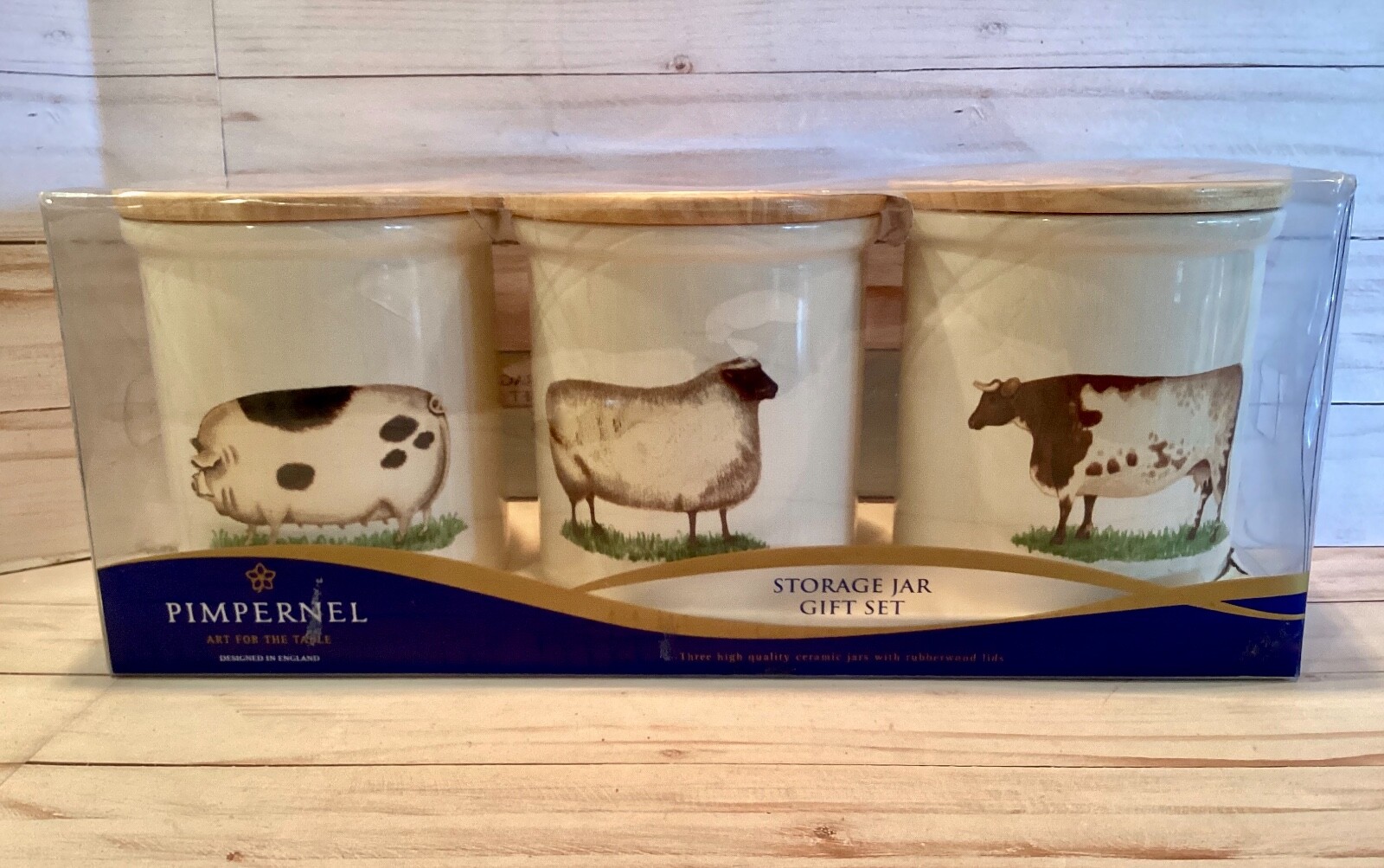 3 Pimpernel Canisters Farm Animals Storage Jars Wood Lids England *NEW ...