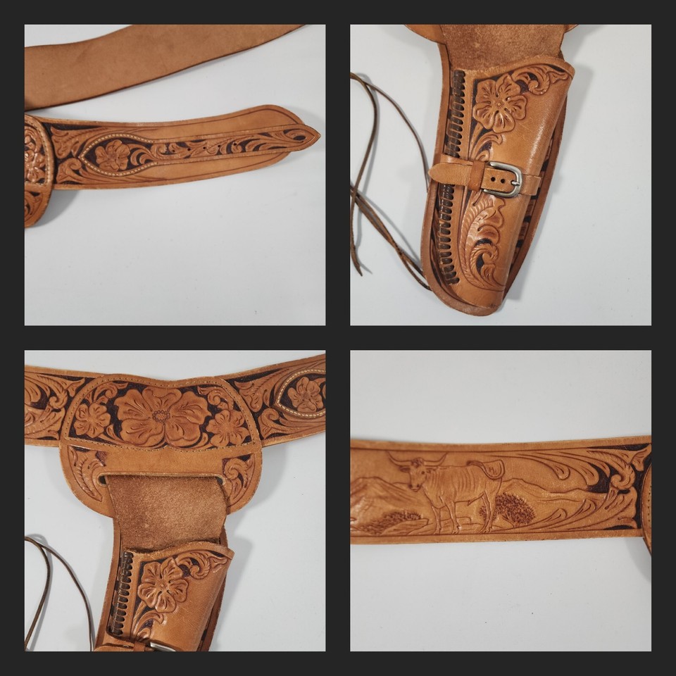 Vintage Leather Western Hand Tooled Gun Belt Holster Right Hand Horse ...