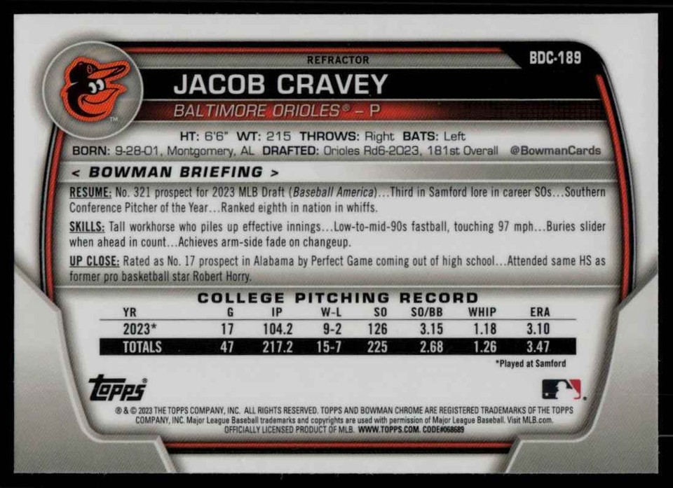 Jacob Cravey 2023 Bowman Draft Chrome Refractor #BDC-189 RC Baltimore ...
