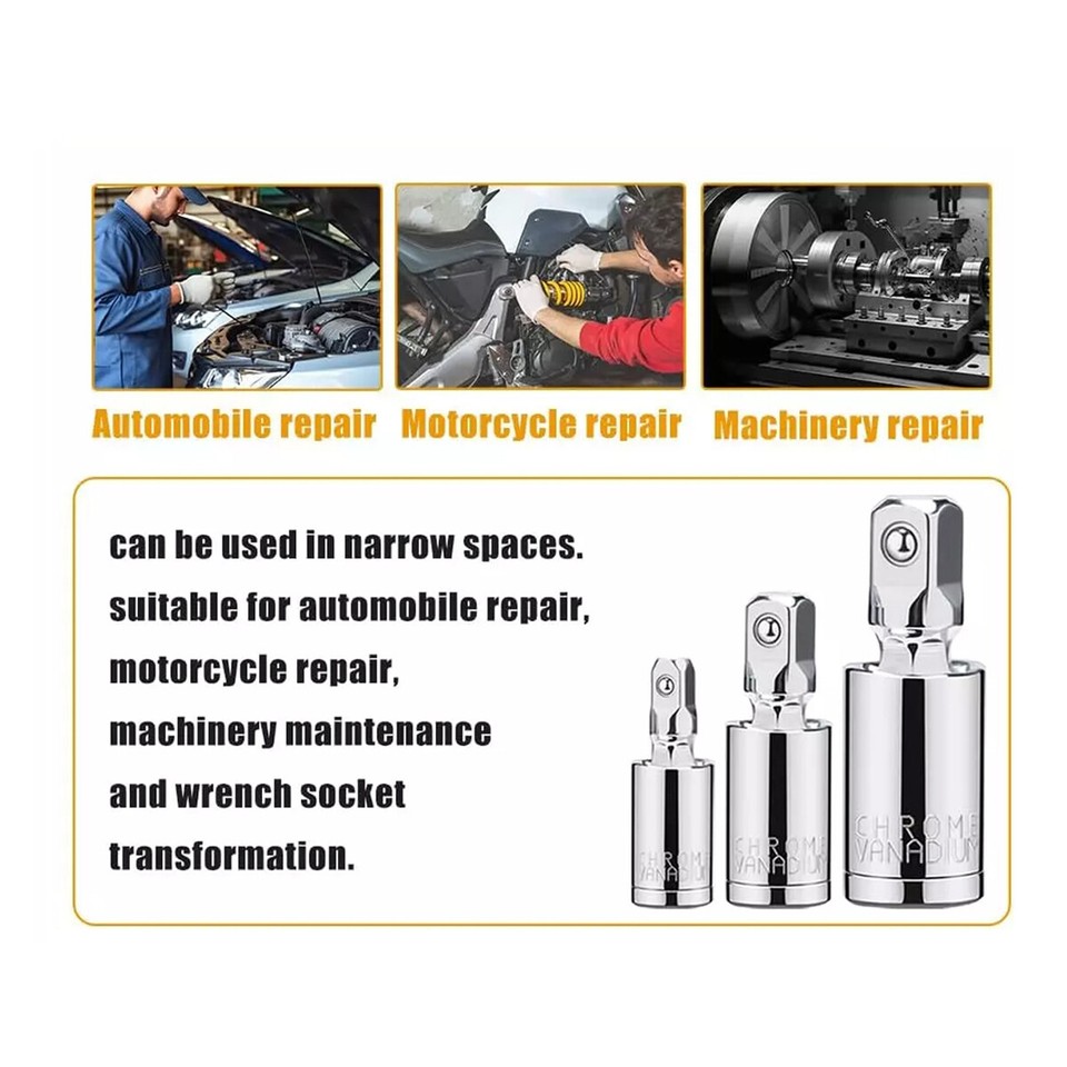 3PCS Universal Joint Socket Set, 1/4” 3/8” 1/2” Drive Swivel Socket ...