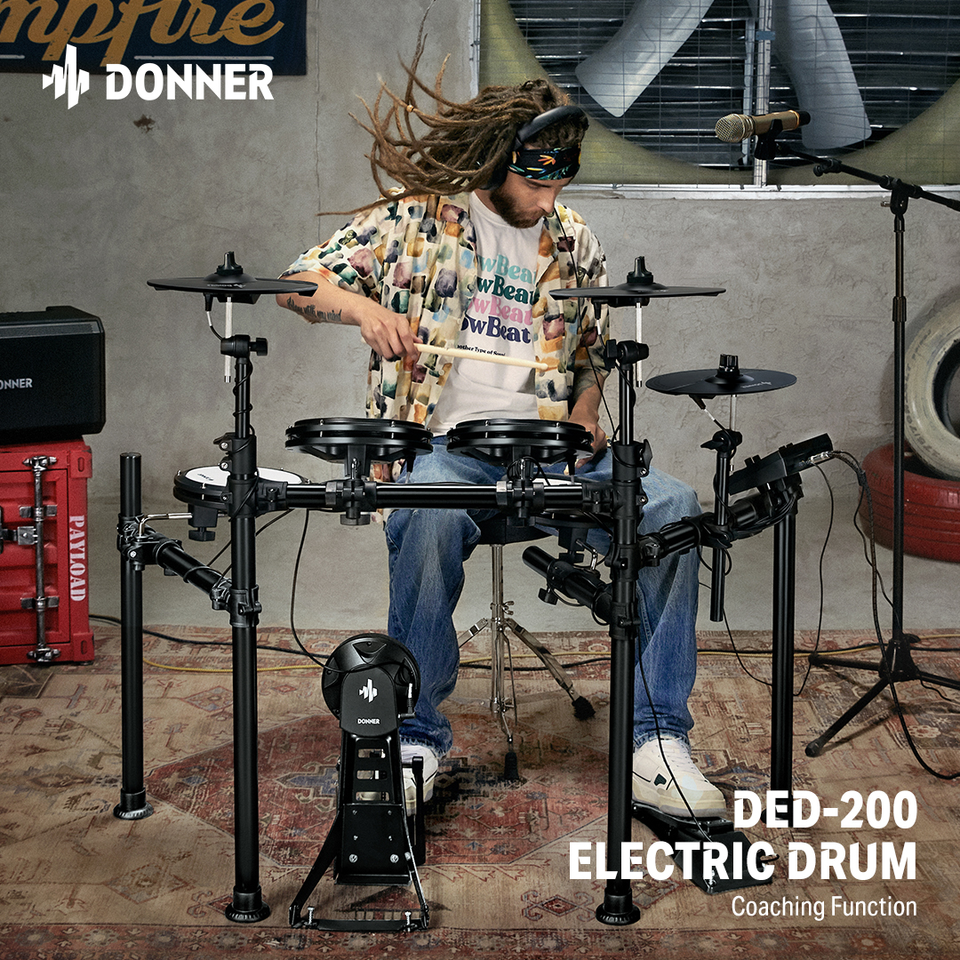 🥁 Donner DED-200 Electric Drum Set w/ Quiet Mesh Pad Dual Zone Snare ...