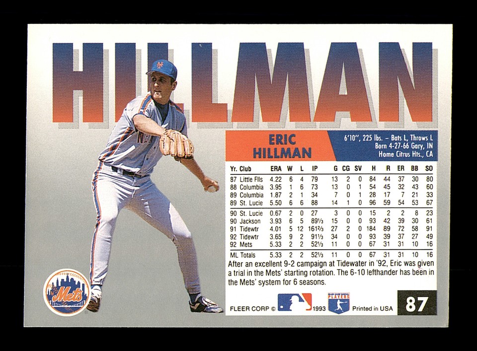 Eric Hillman Autographed Signed 1993 Fleer Card #87 New York Mets ...