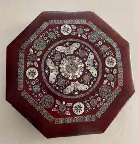 Vintage Red Wood Asian Korean Mother of Pearl Octagon Lacquer Box ...