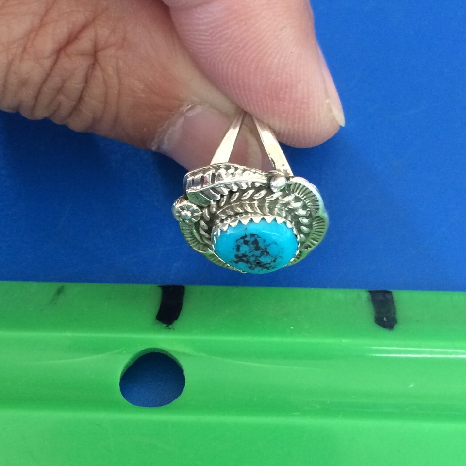 Native Ring Sterling Silver Blue Turquoise Feathers Indian FREE ...