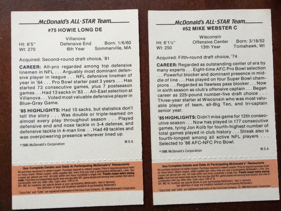 Howie Long Mike Webster HOF 1986 Mcdonald's Gold Tab All Star Card | eBay