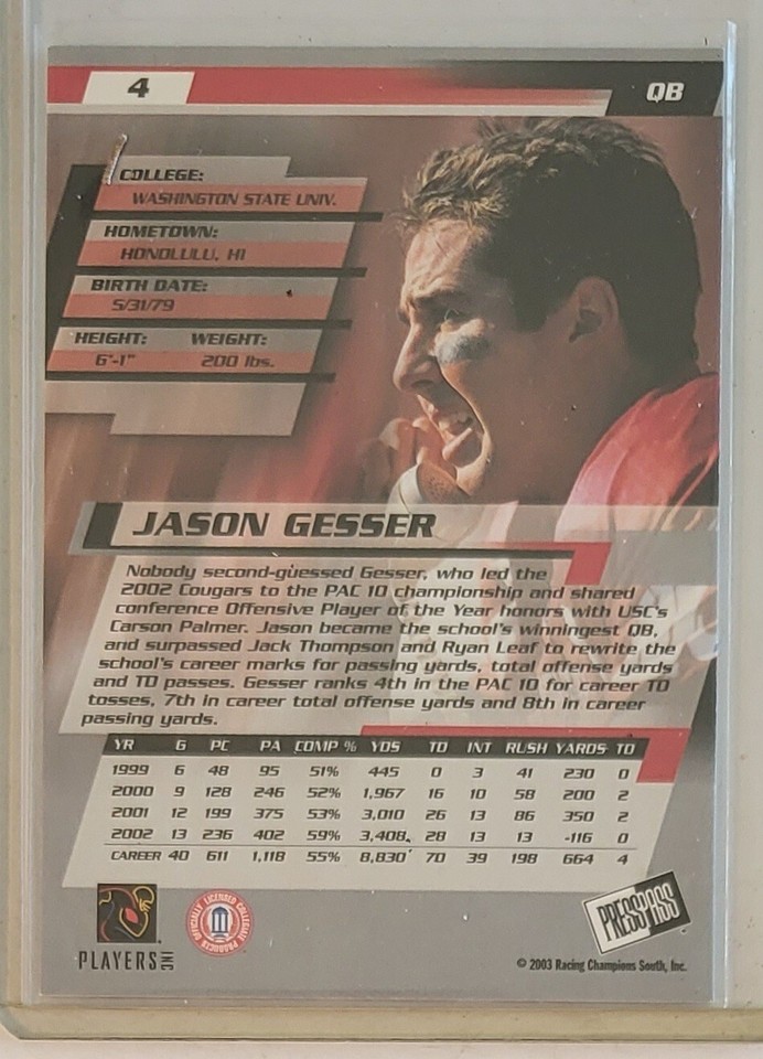 2003 Press Pass Silver #4 Jason Gesser Washington St Cougars Football ...