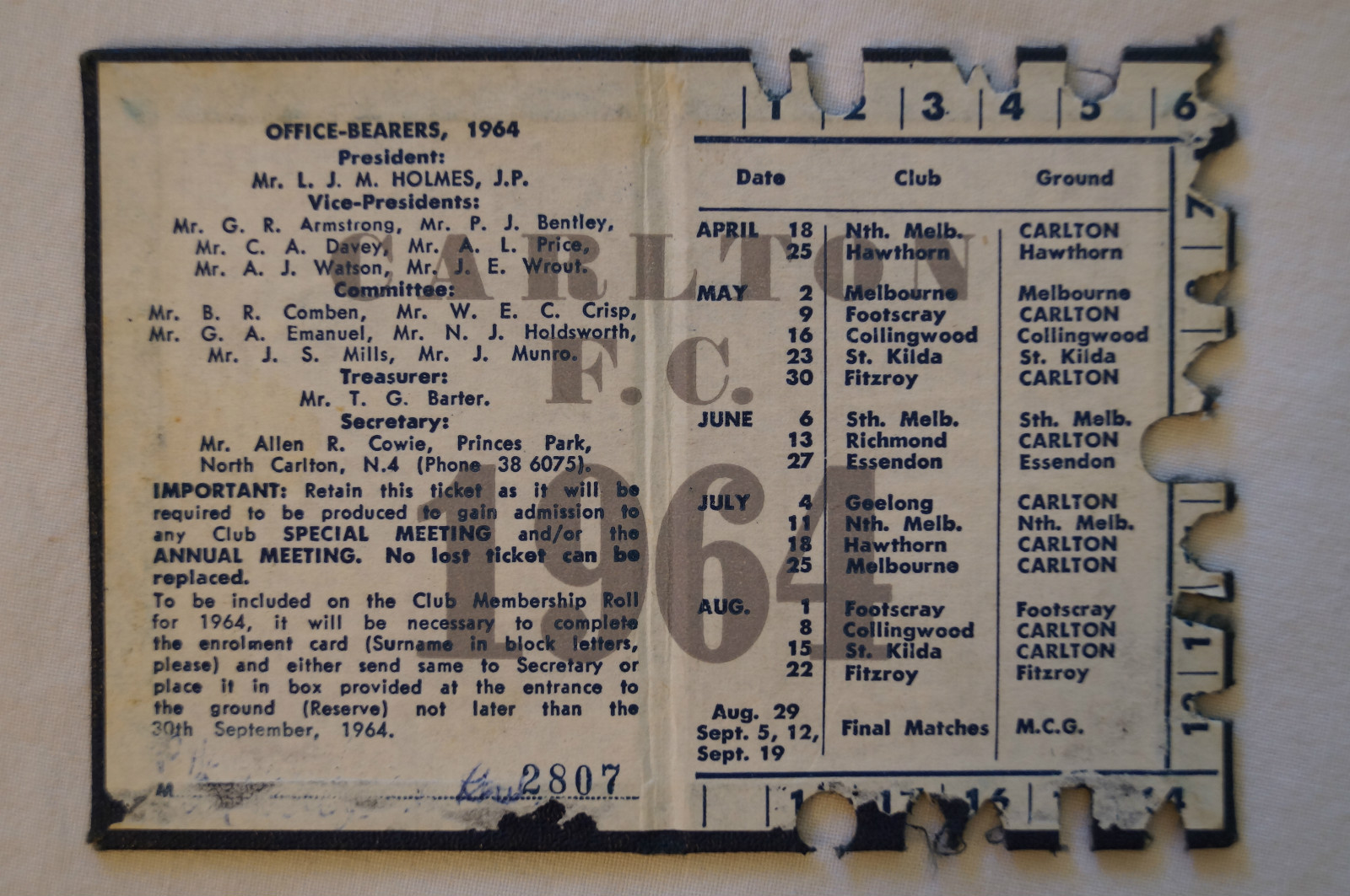 Carlton Blues AFL-VFL 1864-1964 Centenary Vintage Members Season Ticket ...