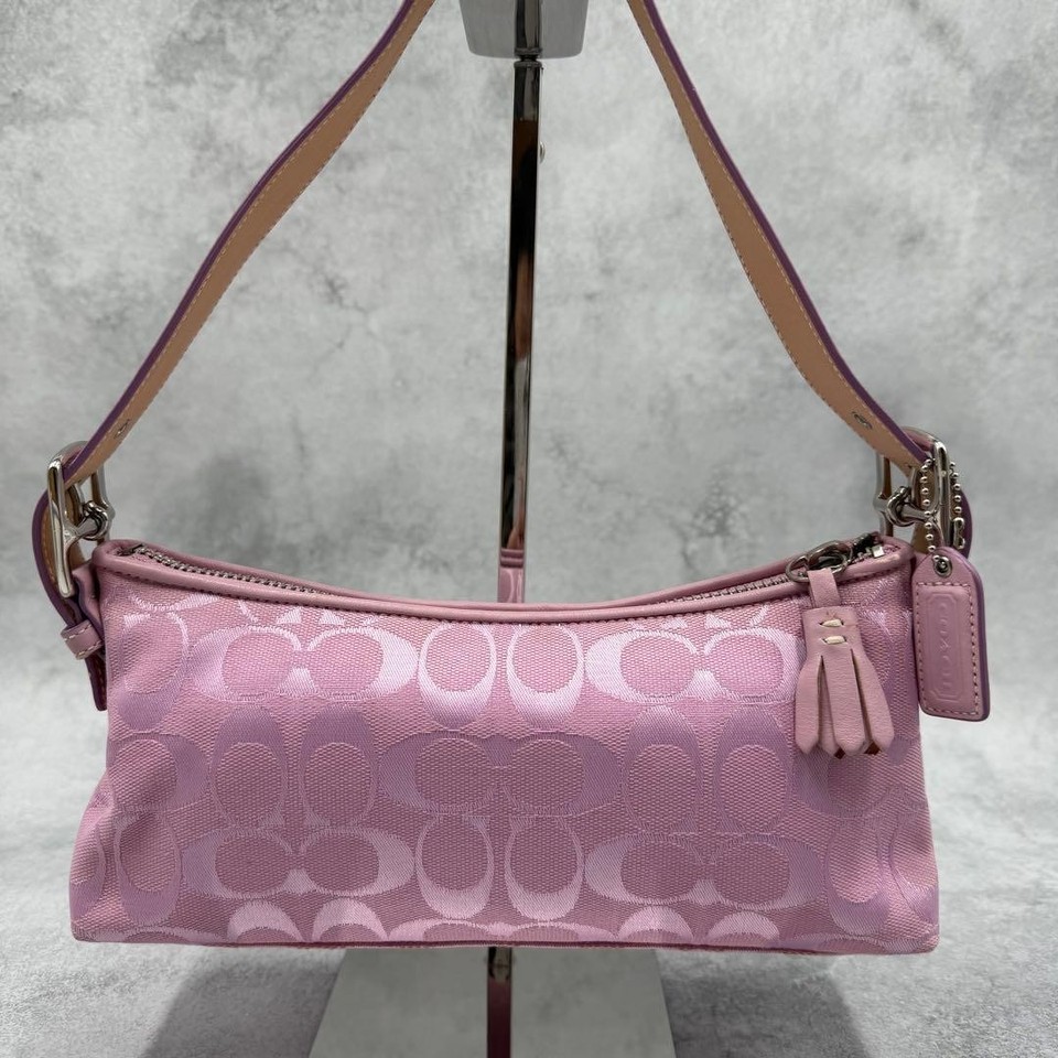 COACH Signature Pink One Shoulder Bag 6371 Half Moon Leather Tassel ...