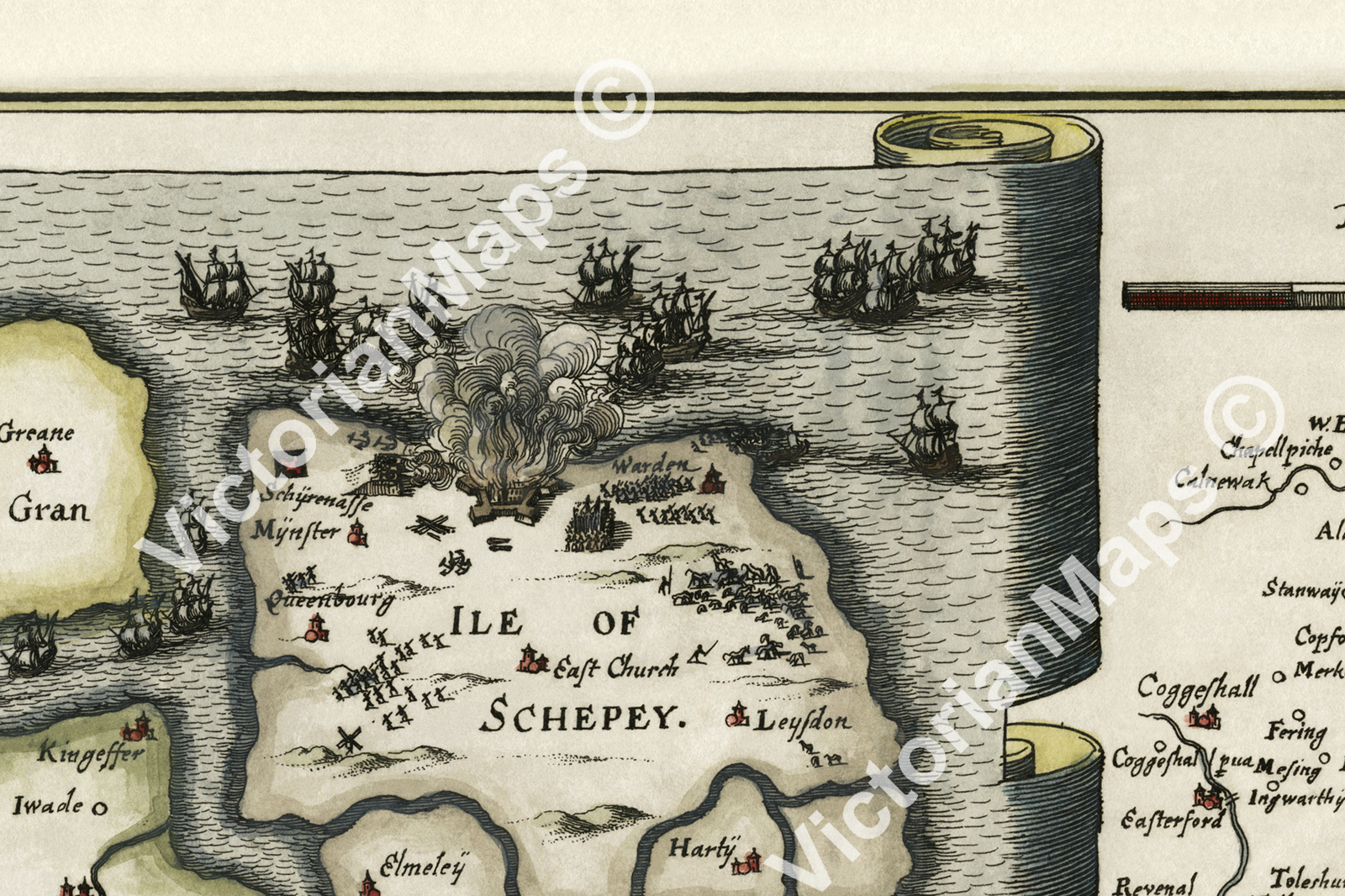 antique early map Thames river London estuary Sheppey Isle Merian 1667 ...