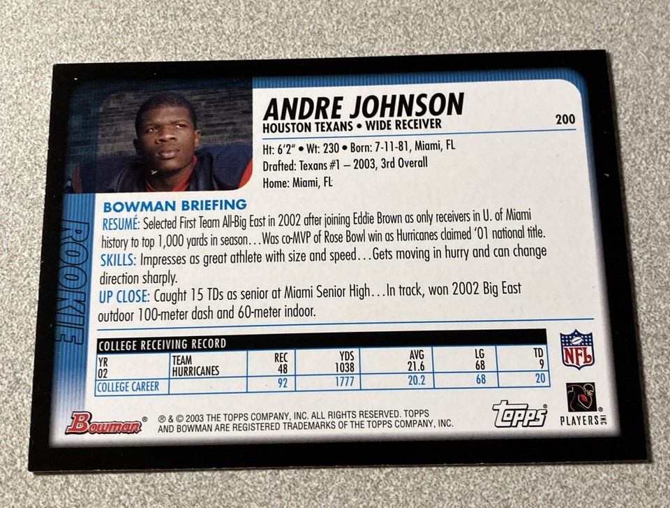 2003 Bowman RC #200 Andre Johnson Texans HOF | eBay