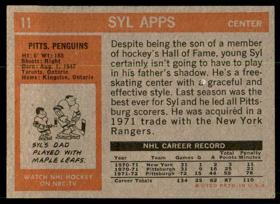 1972-73 TOPPS SYL APPS JR. PITTSBURGH PENGUINS #11 | eBay