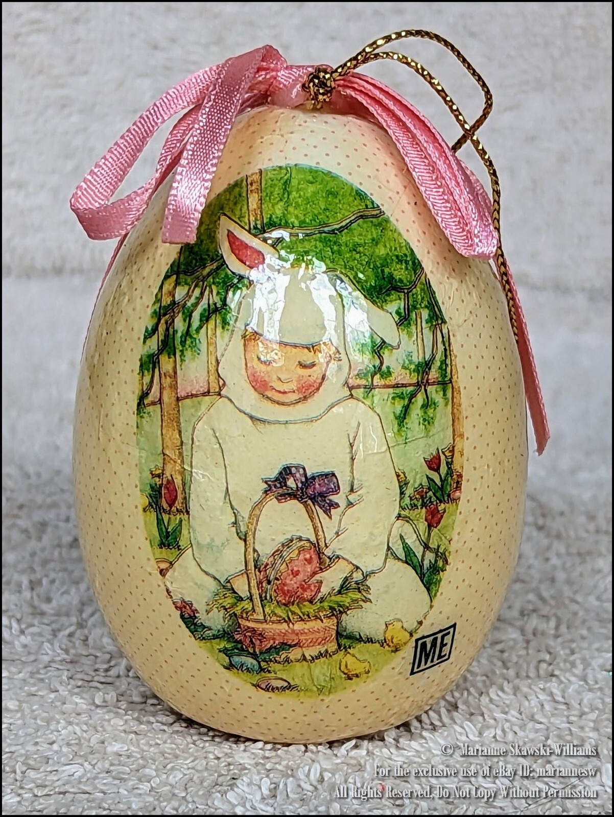 VINTAGE 3" MARY ENGELBREIT EASTER EGG ORNAMENT CHILD IN BUUNY COSTUME ...